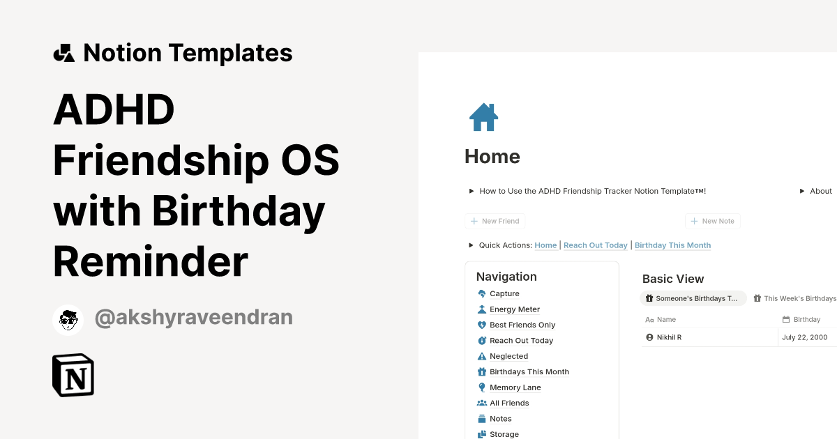 ADHD Friendship OS with Birthday Reminder Template by Akshay Raveendran ...