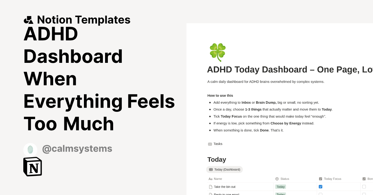 ADHD Today Dashboard – One Page, Low Overwhelm Template | Notion ...