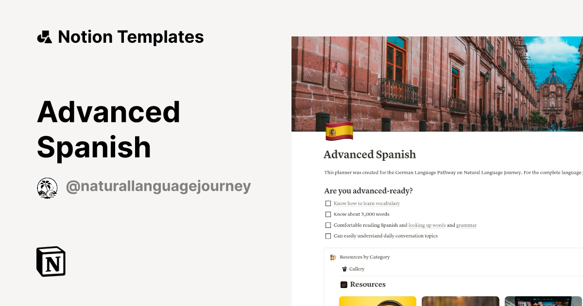 Advanced Spanish Template by Natural Language Journey | Notion Marketplace