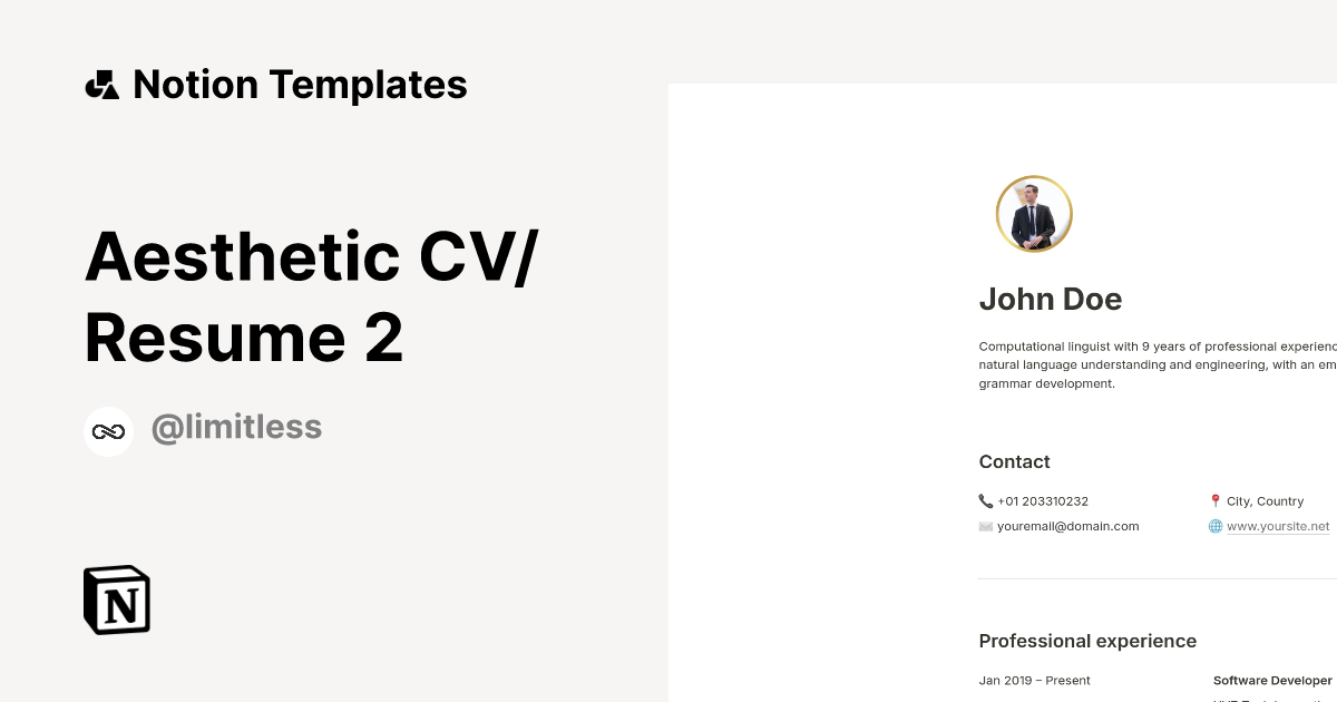 Aesthetic CV/Resume 2 Template by Limitless Notion | Notion Marketplace
