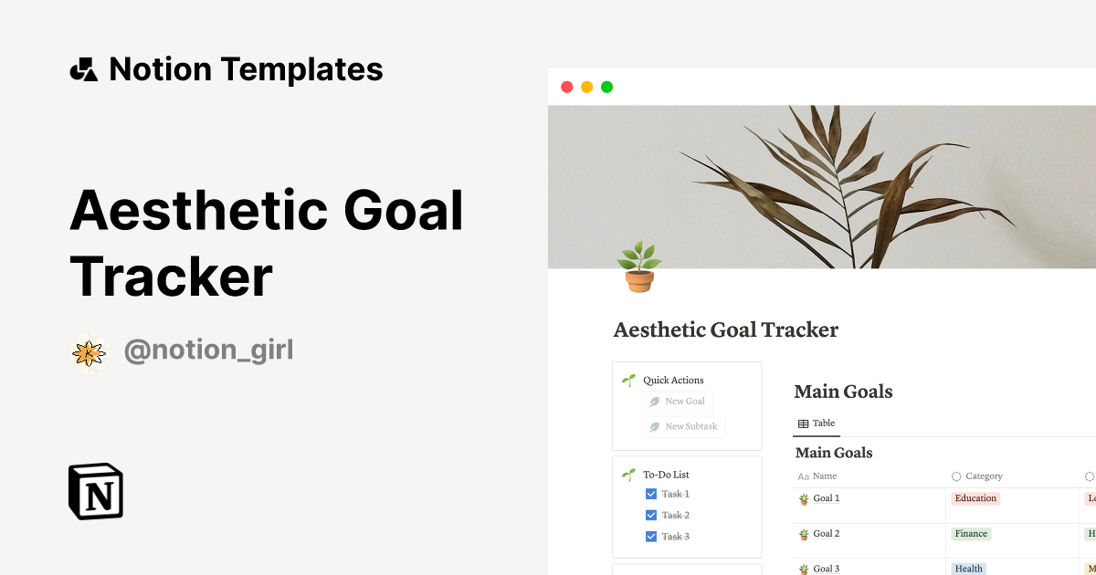 Aesthetic Goal Tracker Template by KristinaK3 | Notion Marketplace