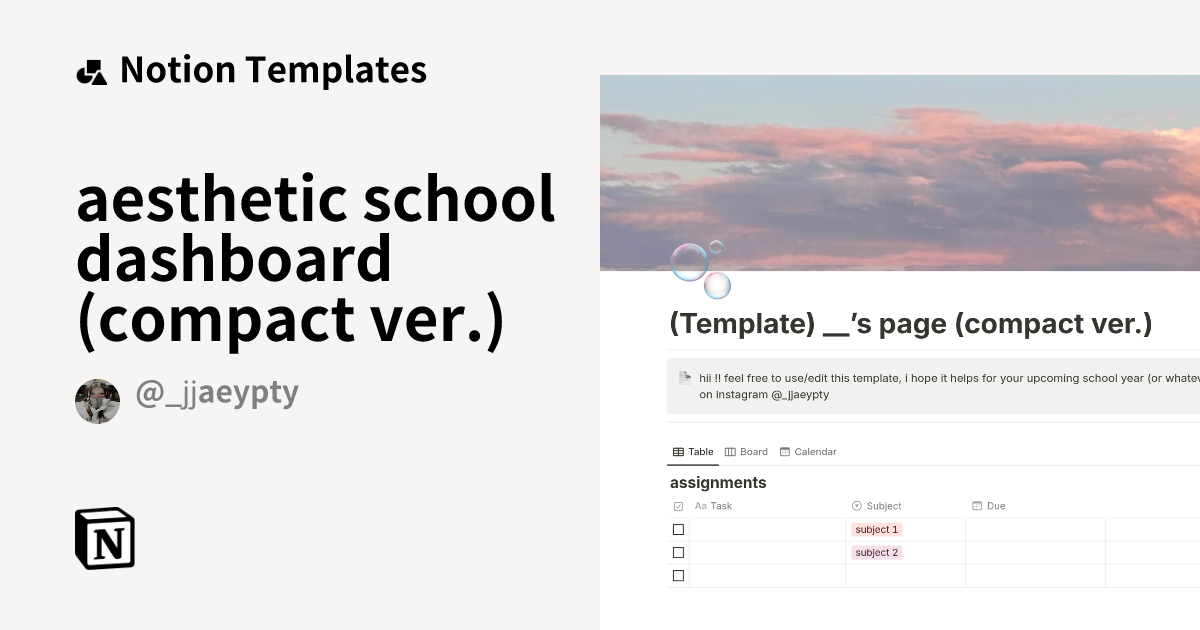 aesthetic school dashboard (compact ver.) Template by jamie | Notion ...