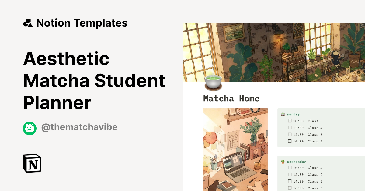 Aesthetic Matcha Student Planner Template | Notion Marketplace