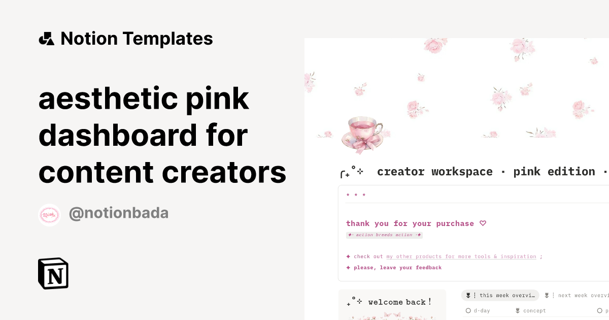 aesthetic pink dashboard for content creators Template | Notion Marketplace
