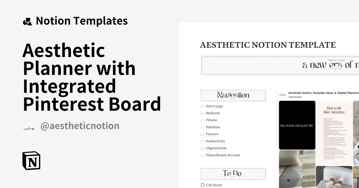 Aesthetic Planner with Integrated Pinterest Board Template | Notion ...