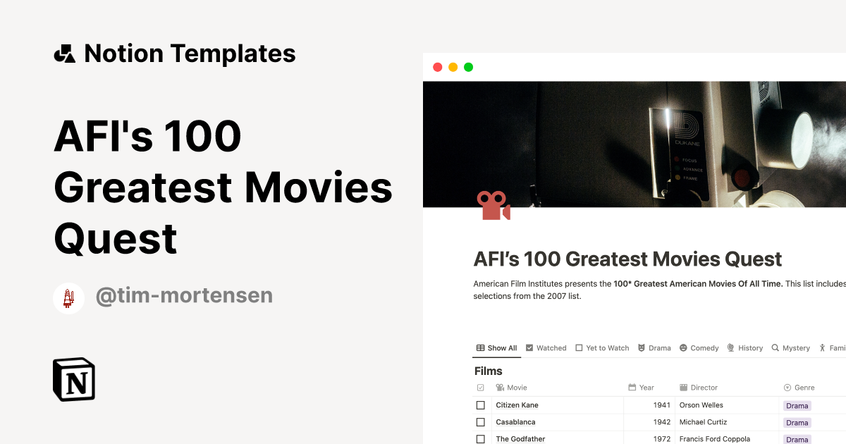 AFI's 100 Greatest Movies Quest Template | Notion Marketplace