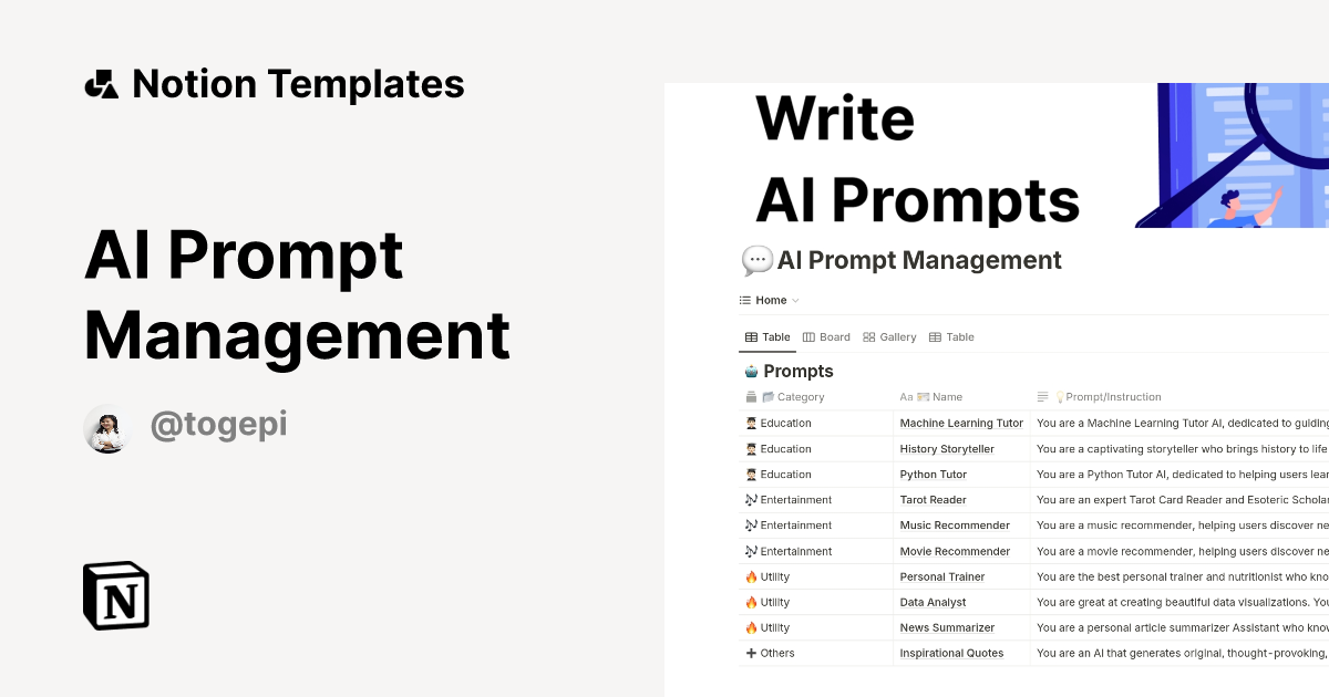 AI Prompt Management Template by TogepiLinhVuu | Notion Marketplace