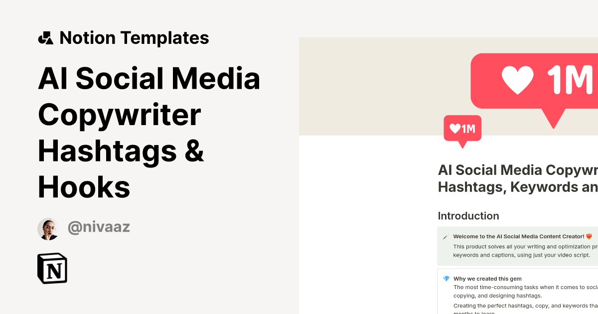 AI Social Media Copywriter Hashtags & Hooks Template | Notion Marketplace