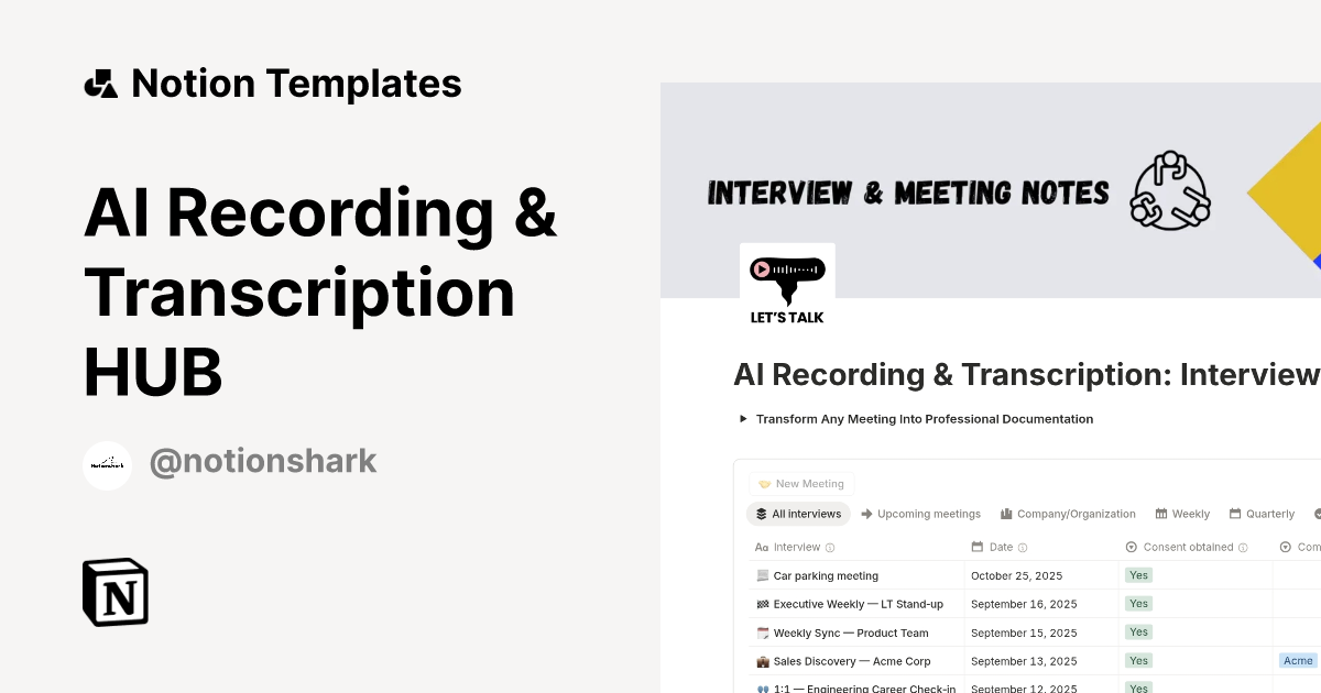 AI Recording & Transcription HUB Template by Notionshark | Notion ...