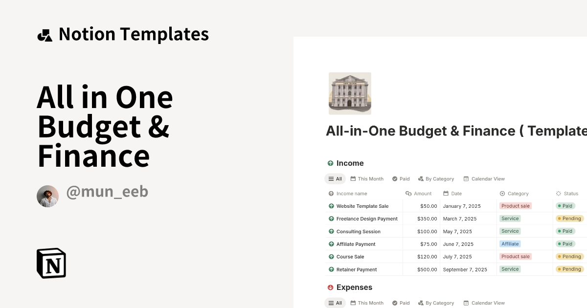 All in One Budget & Finance Template by muneeb | Notion Marketplace