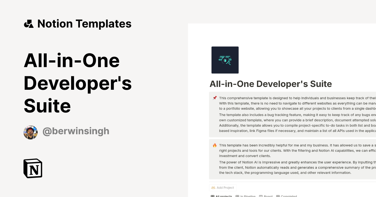 All-in-One Developer's Suite Template by Berwin Singh | Notion Marketplace
