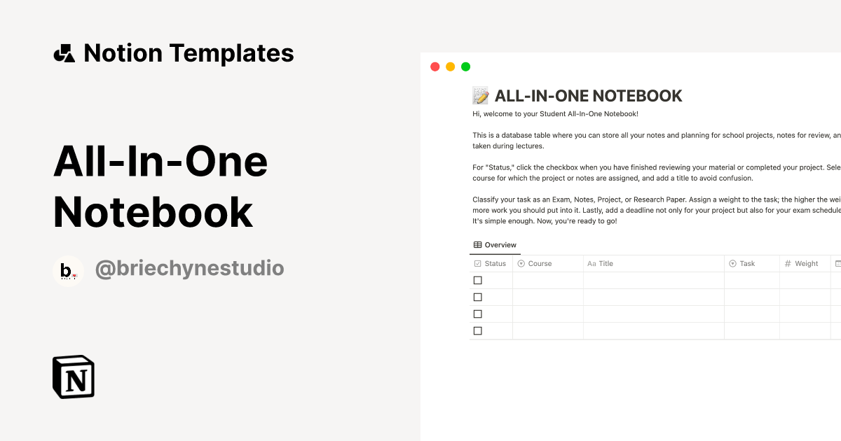 All-In-One Notebook Template by BRIECHYNE STUDIO | Notion Marketplace