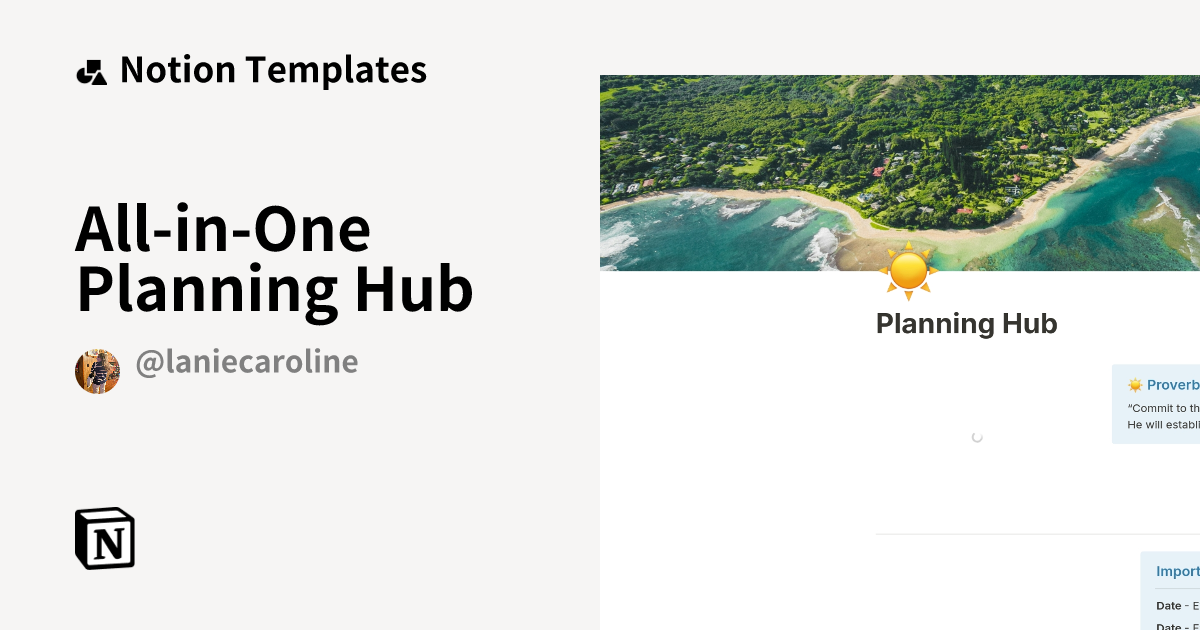 All-in-One Planning Hub Template by Lanie Hulin | Notion Marketplace