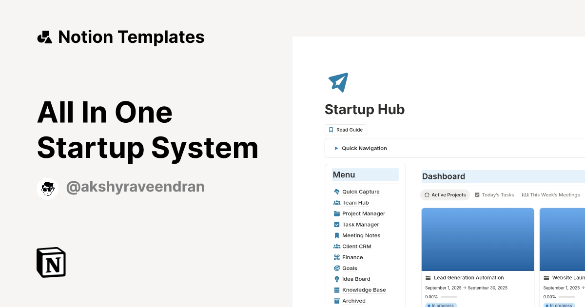 All In One Startup System Template by Akshay Raveendran | Notion ...