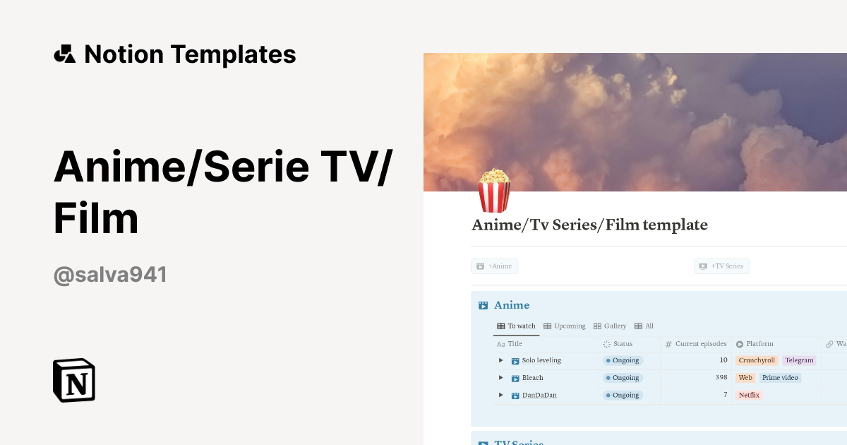 Anime/Serie TV/Film Template by Salva941 | Notion Marketplace