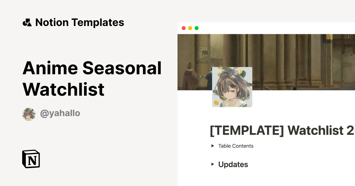 Anime Seasonal Watchlist Template by Yahallo | Notion Marketplace