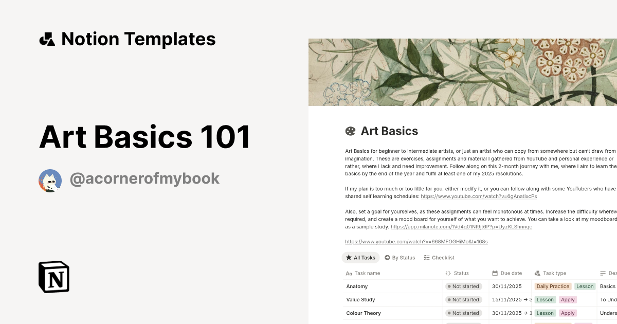 Art Basics 101 Template by acornerofmybook | Notion Marketplace