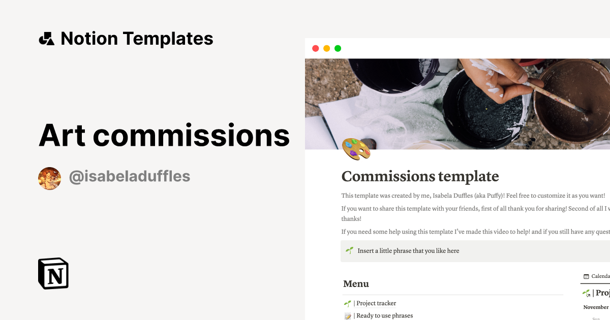 Art commissions Template by Isabela Duffles | Notion Marketplace