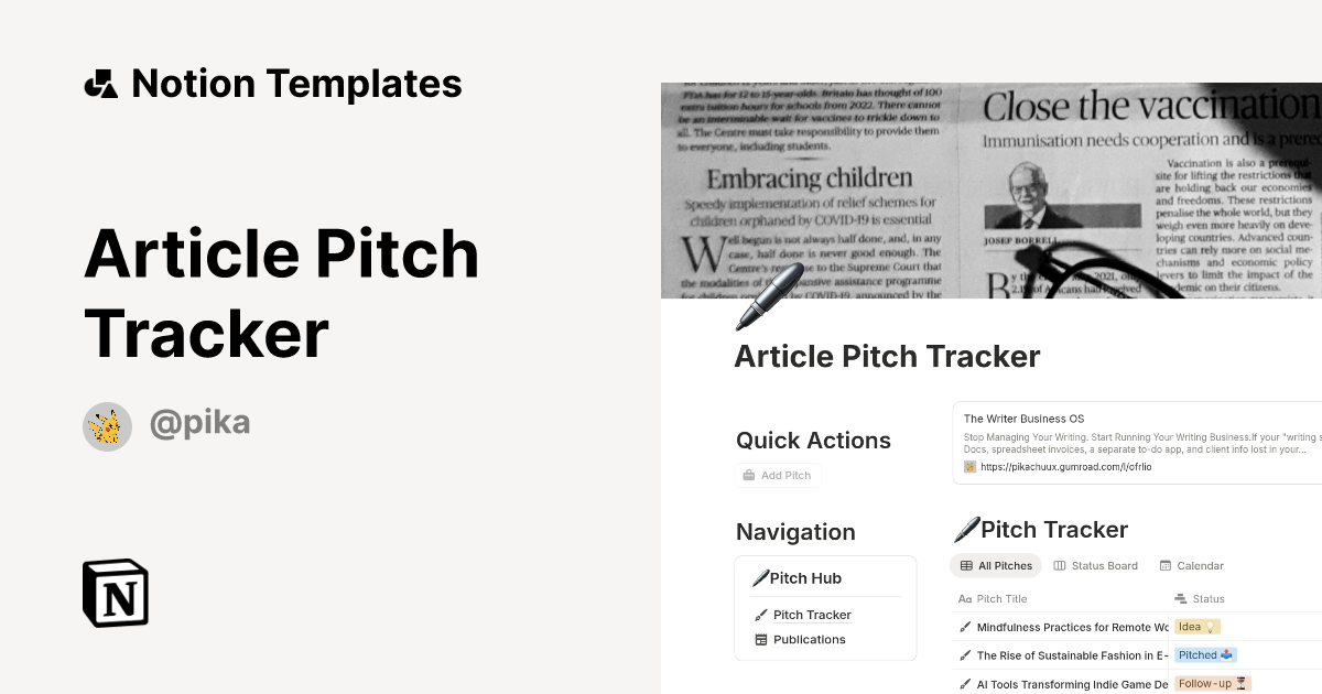 Article Pitch Tracker Template by Pika | Notion Marketplace