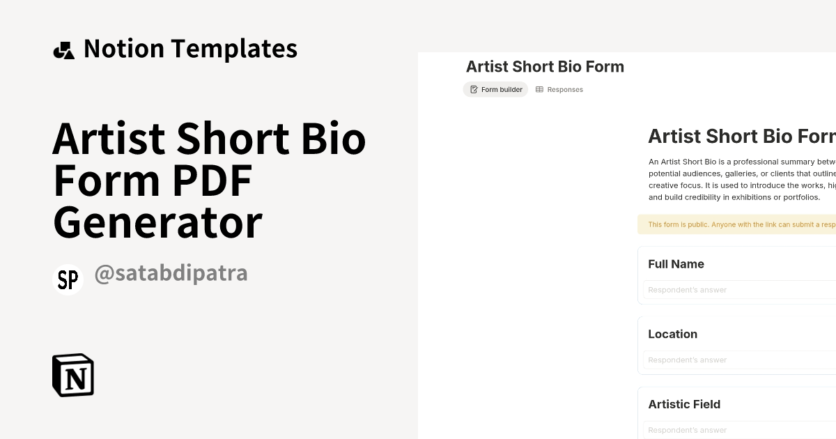Artist Short Bio Form PDF Generator Template by Satabdi Patra | Notion ...
