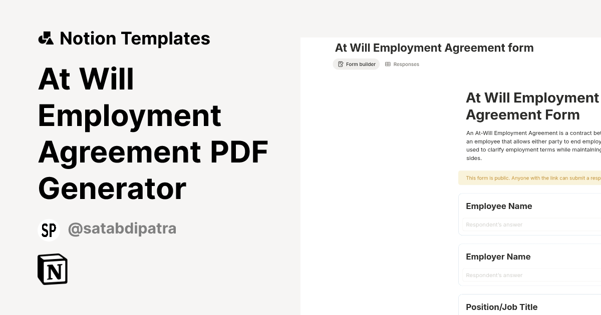At Will Employment Agreement PDF Generator Template by Satabdi Patra ...