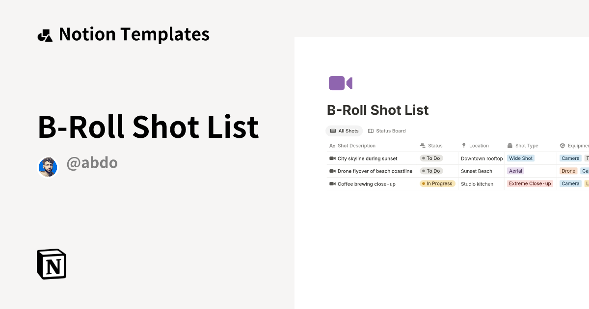 B-Roll Shot List Template by Abdo Karmalla | Notion Marketplace