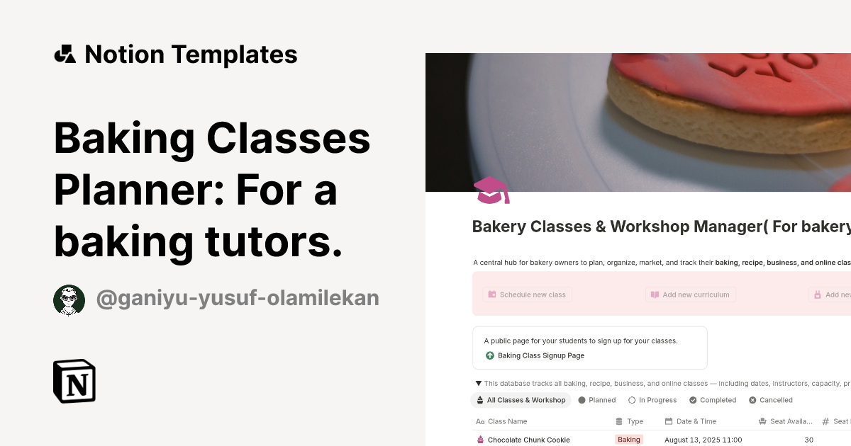 Baking Classes Planner: For a baking tutors. Template | Notion Marketplace