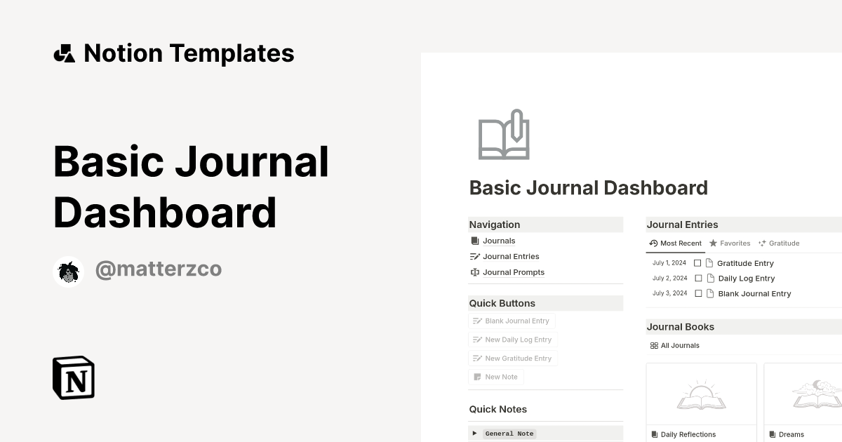 Basic Journal Dashboard Template by Matterz Co. | Notion Marketplace