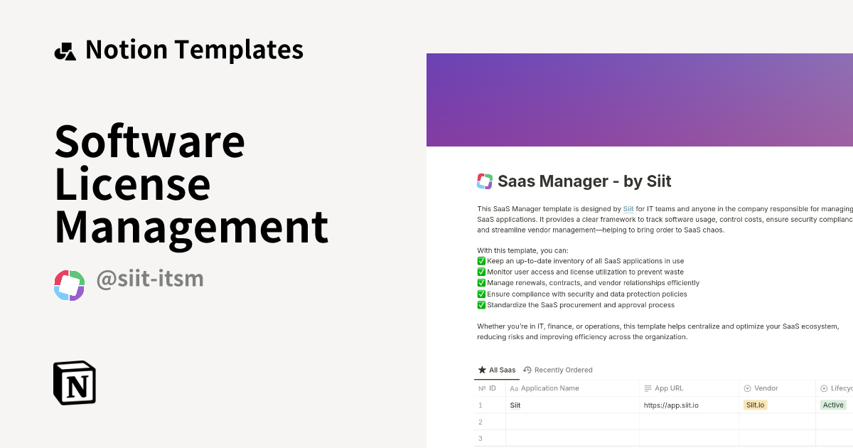 Software License Management Template by Siit ITSM | Notion Marketplace