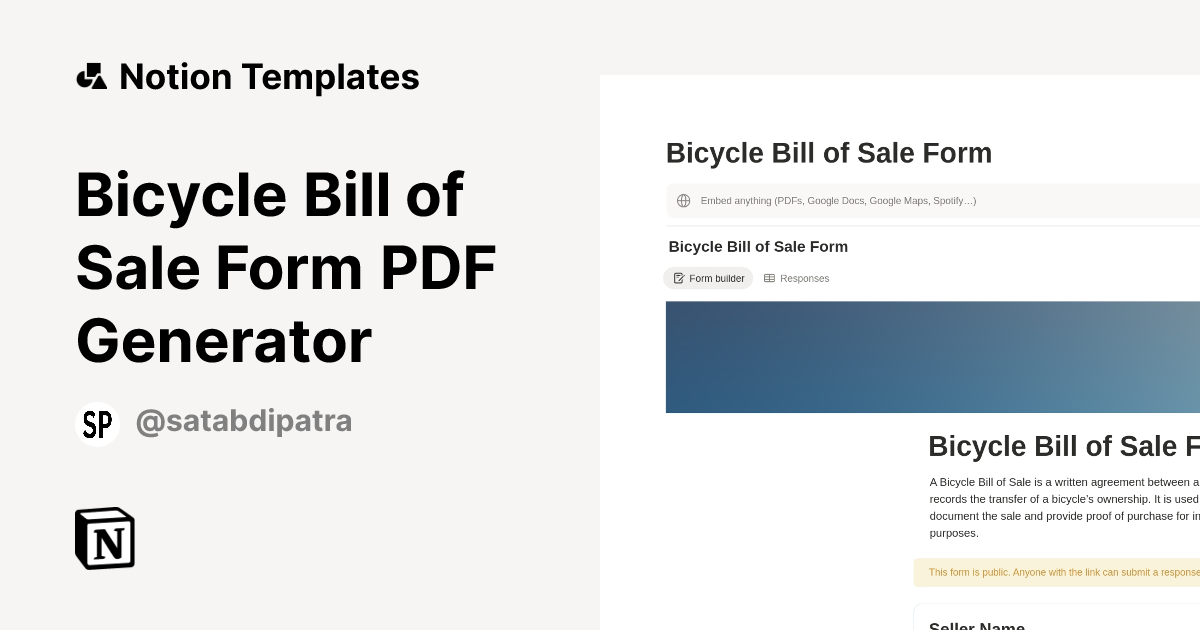 Bicycle Bill of Sale Form PDF Generator Template | Notion Marketplace