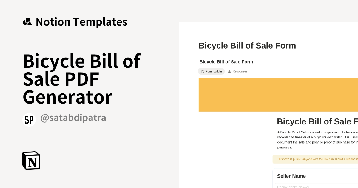 Bicycle Bill of Sale PDF Generator Template by Satabdi Patra | Notion ...