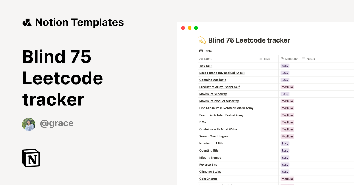 Blind 75 Leetcode tracker Template by Grace | Notion Marketplace