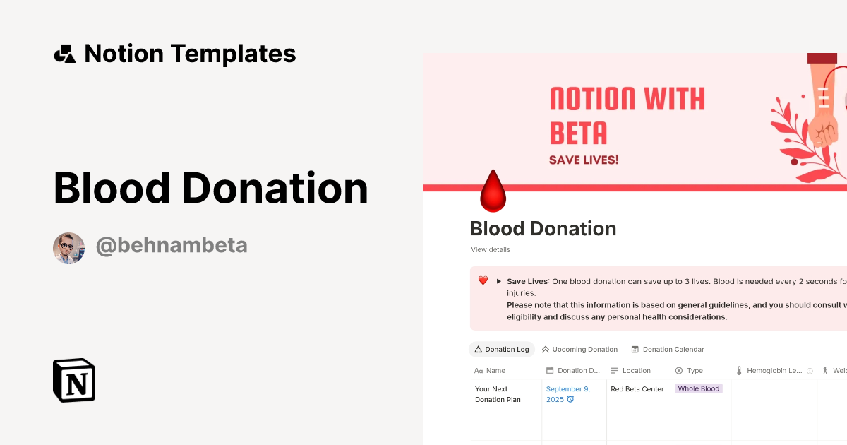 Blood Donation Template by Beta Dreamer | Notion Marketplace