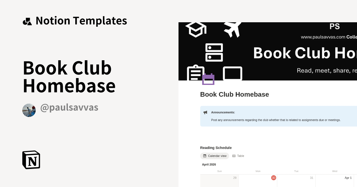 Book Club Homebase Template | Notion Marketplace
