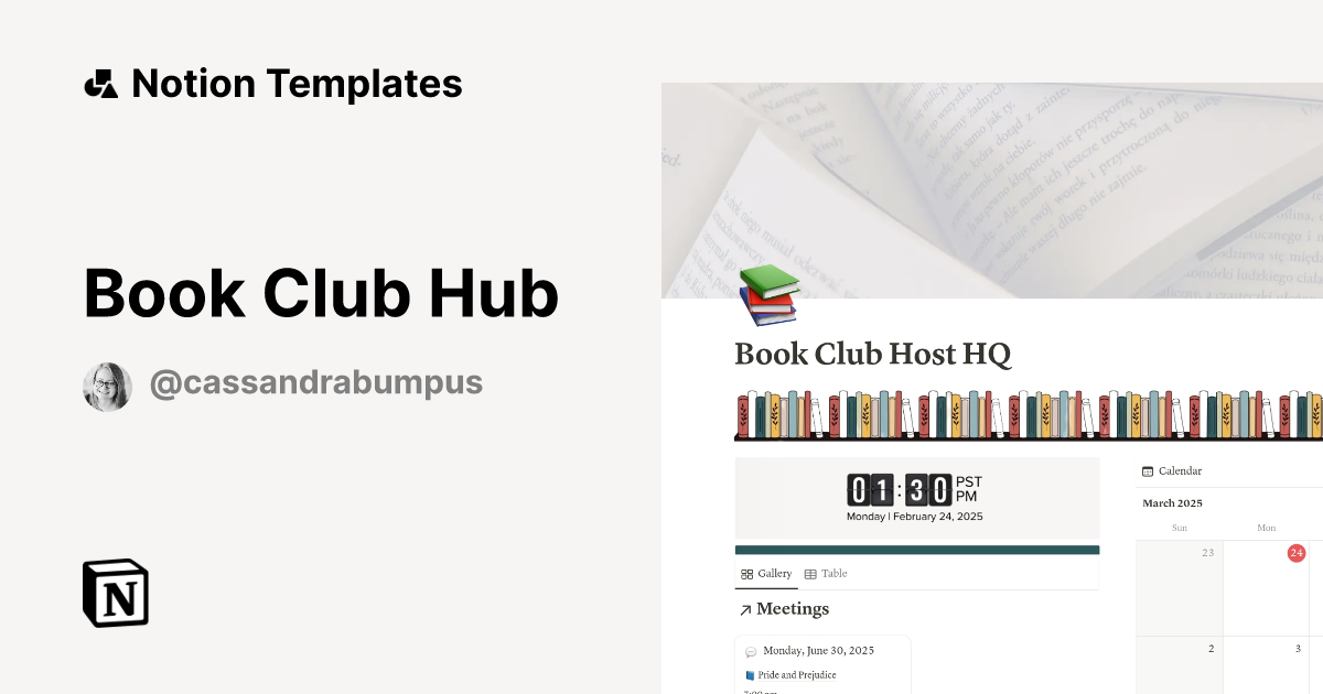 Book Club Hub Template by Cassandra Bumpus | Kindred Spirit Digital | Notion Marketplace