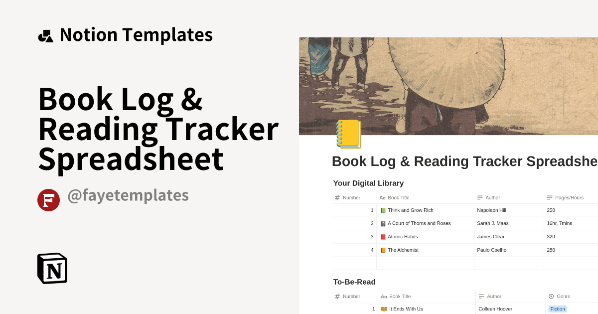 Book Log & Reading Tracker Spreadsheet Template by Faye Templates ...