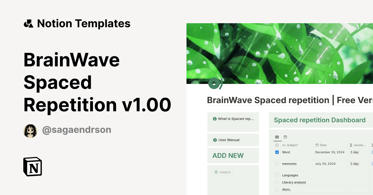 BrainWave Spaced Repetition v1.00 Template by Saga | Notion Marketplace
