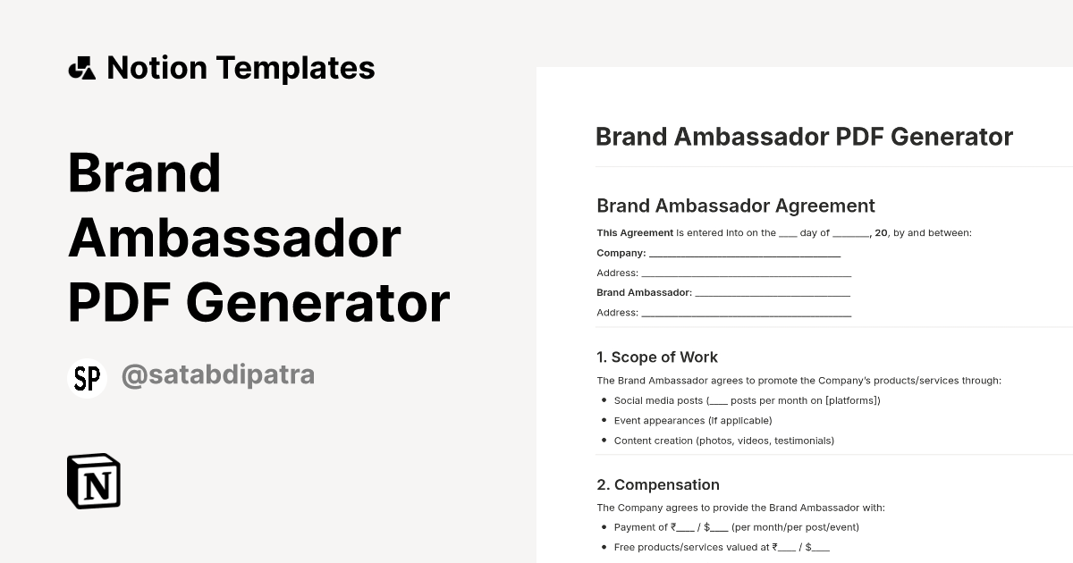 Brand Ambassador PDF Generator Template | Notion Marketplace
