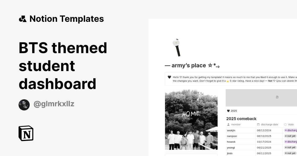 BTS themed student dashboard Template by GLAMOUR KLLZ STUDIOS | Notion ...