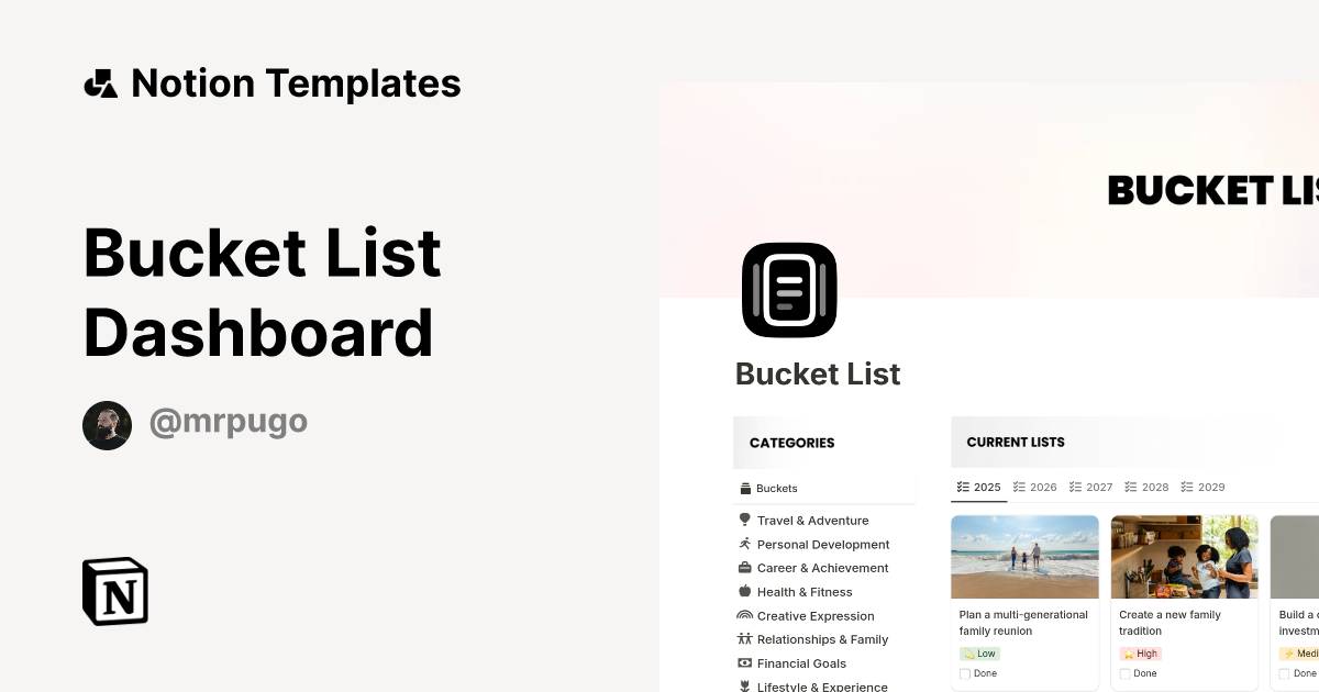 Bucket List Dashboard Template by mrpugo | Notion Marketplace