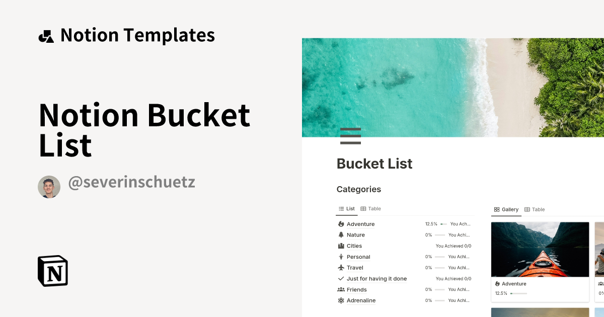 Notion Bucket List Template by Severin Schuetz | Notion Marketplace