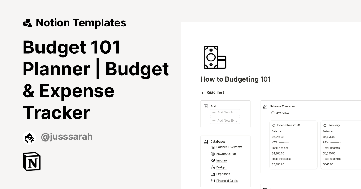 Budget 101 Planner | Budget & Expense Tracker Template by Sarah | Notion Marketplace