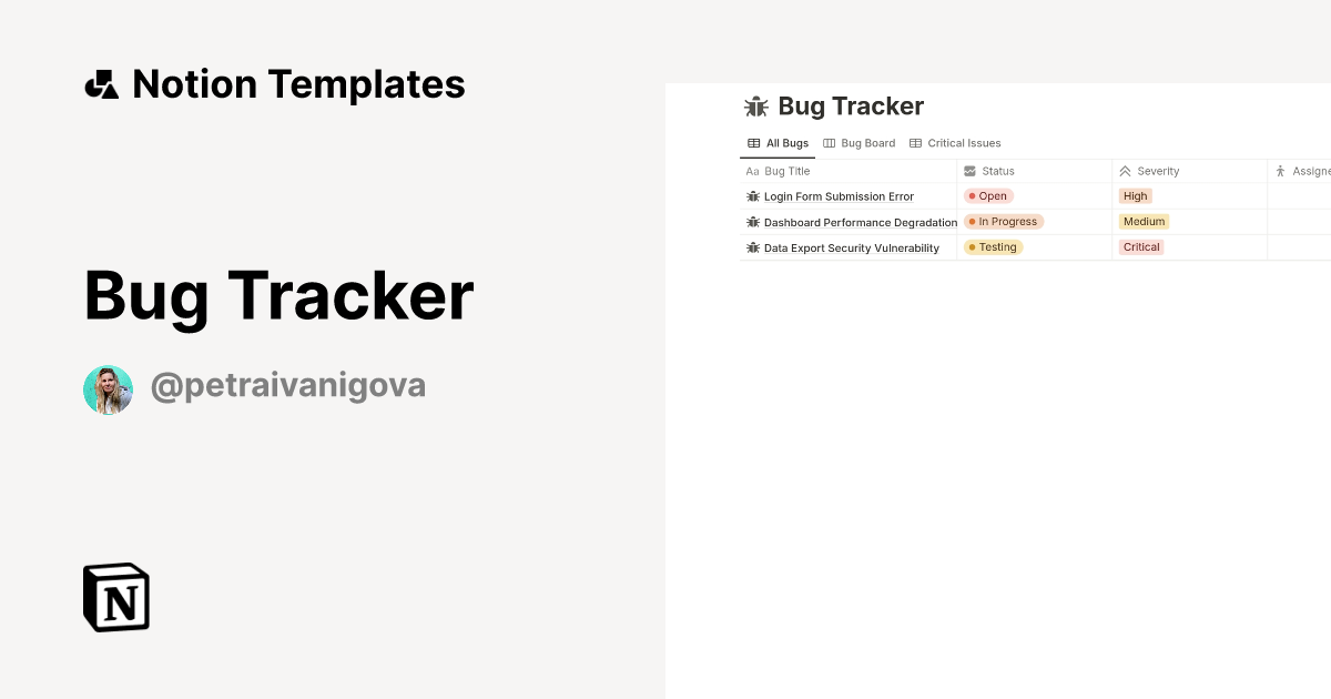 Bug Tracker Template by Petra Ivanigova | Notion Marketplace