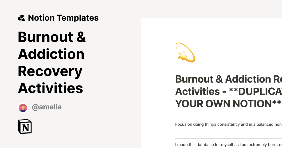 Burnout & Addiction Recovery Activities Template | Notion Marketplace