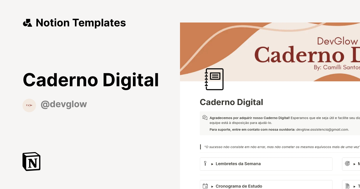 Caderno Digital Template by DevGlow - Camilli Santos | Notion Marketplace