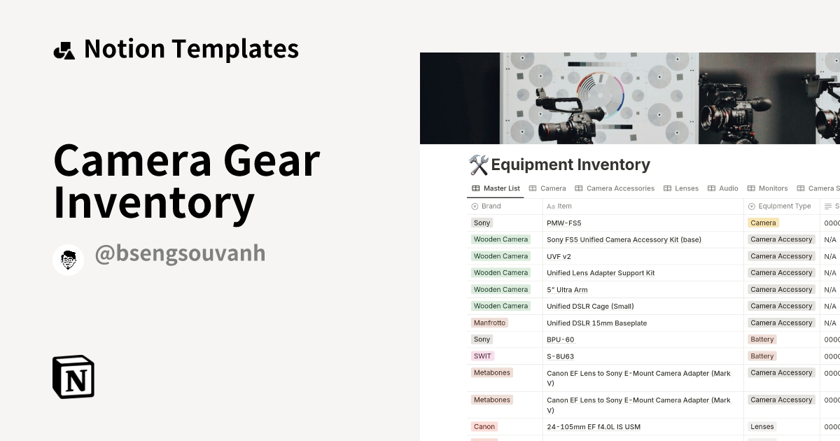 Camera Gear Inventory Template | Notion Marketplace
