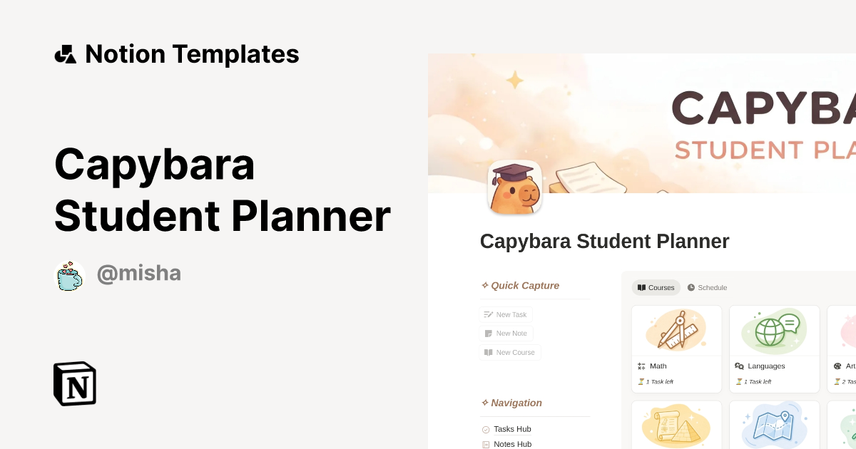 Capybara Student Planner Template by Misha | Notion Marketplace