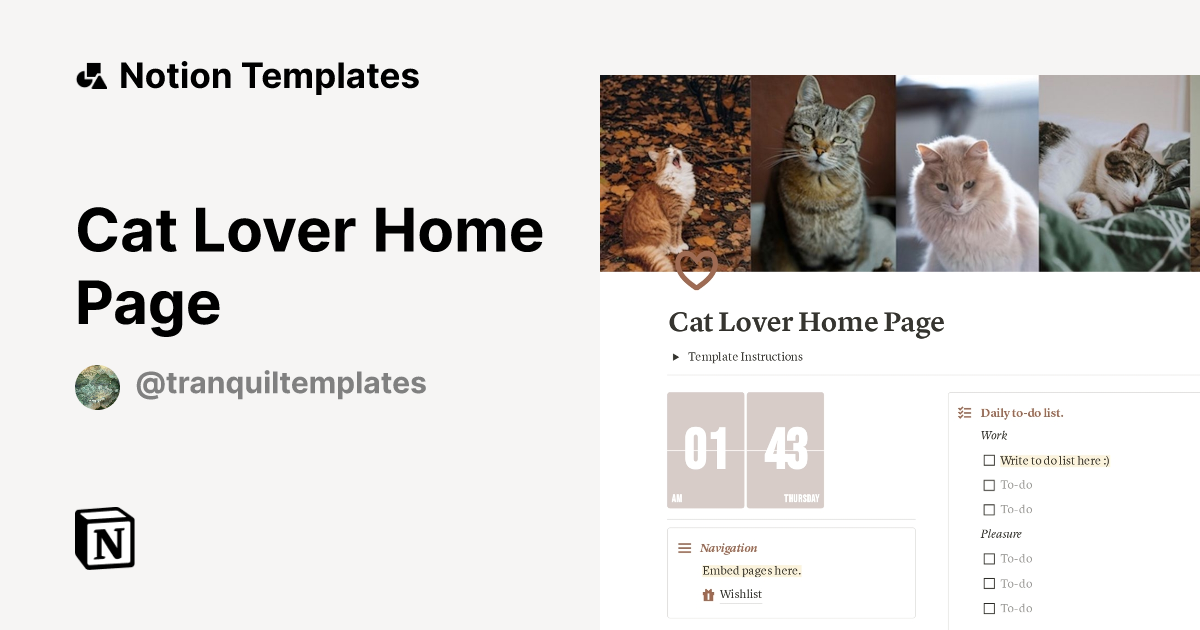 Cat Lover Home Page Template by TranquilTemplates | Notion Marketplace