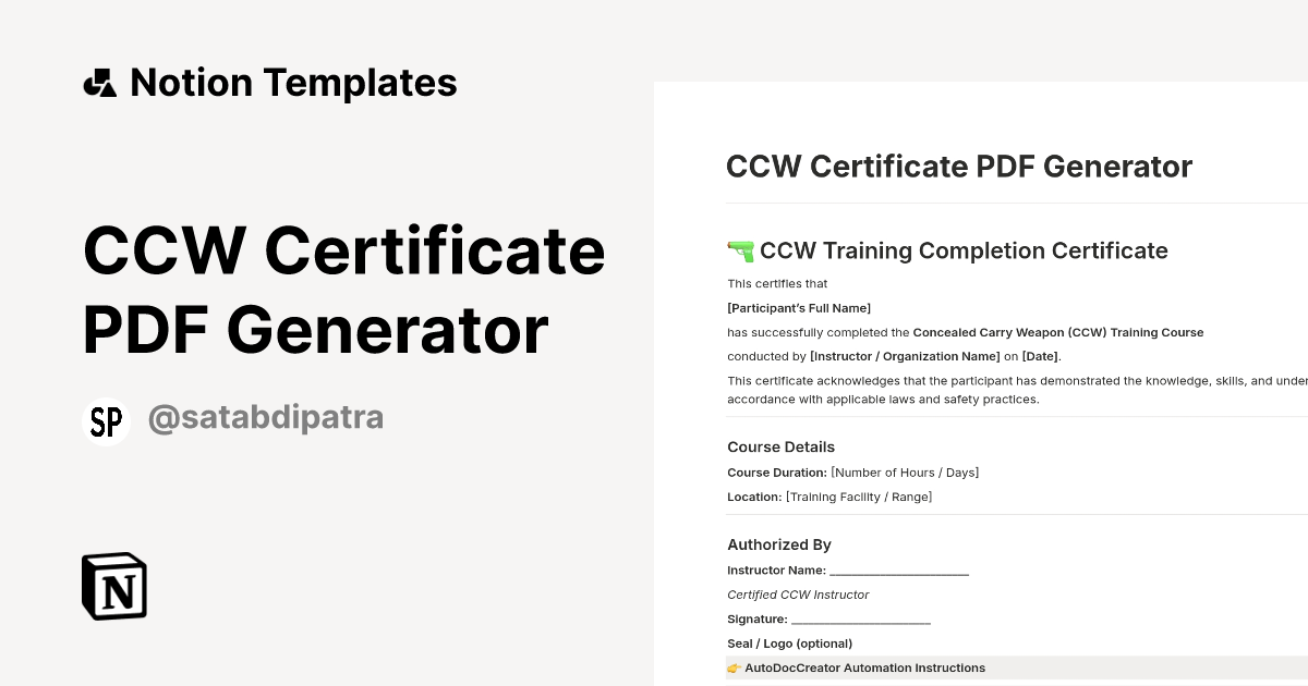 CCW Certificate PDF Generator Template by Satabdi Patra | Notion Marketplace