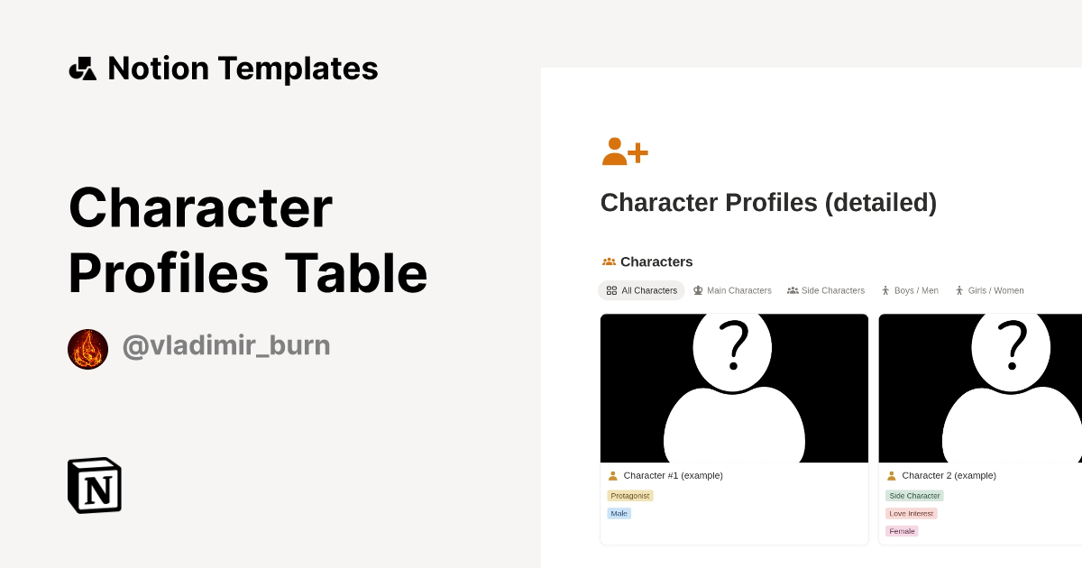 Character Profiles Table Template by Vladimir Burn | Notion Marketplace